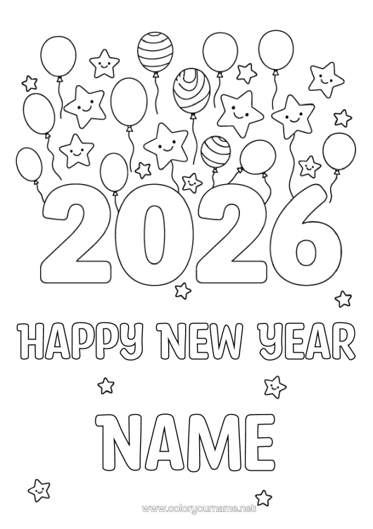 New Year or Birthday Coloring Page 2026 – Balloons, Stars, and ...