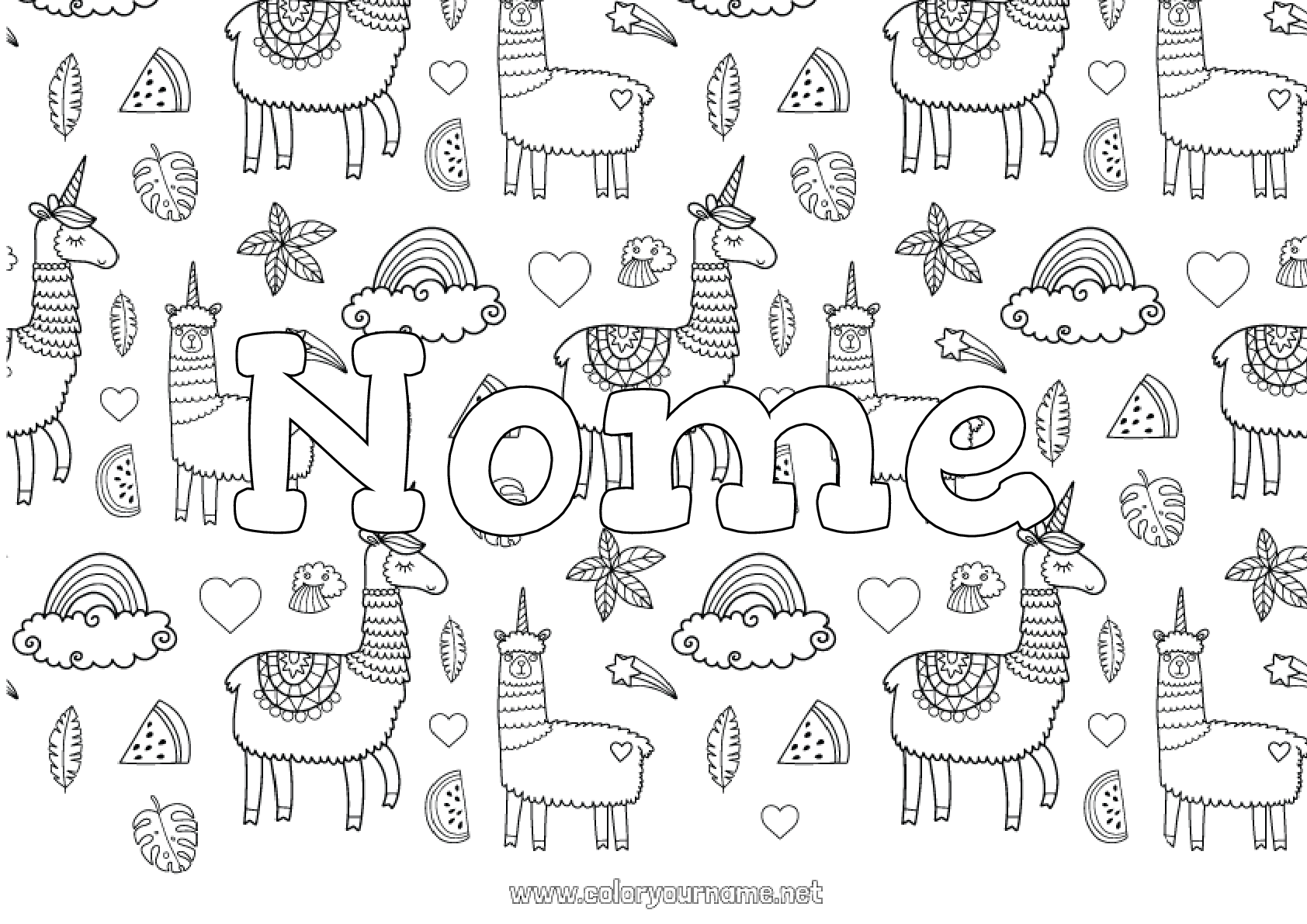 Pagina da colorare n.2124 - Unicorno Lama Nome decorato