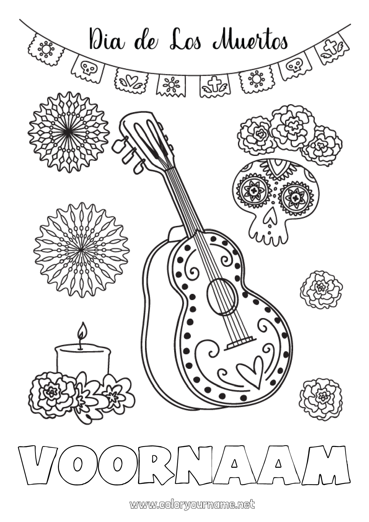 Kleurplaat nr.244 - Schedel Dia de los Muertos Muziek