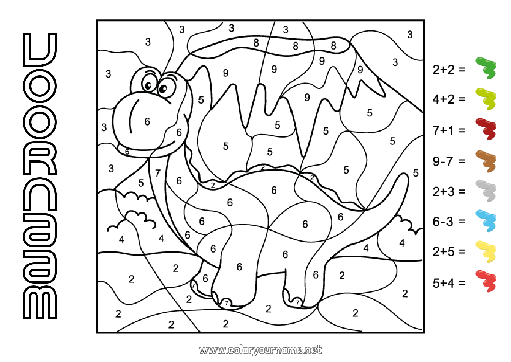 Kleurplaat nr.2484 - Dinosaurussen Getal Kleuren op nummer