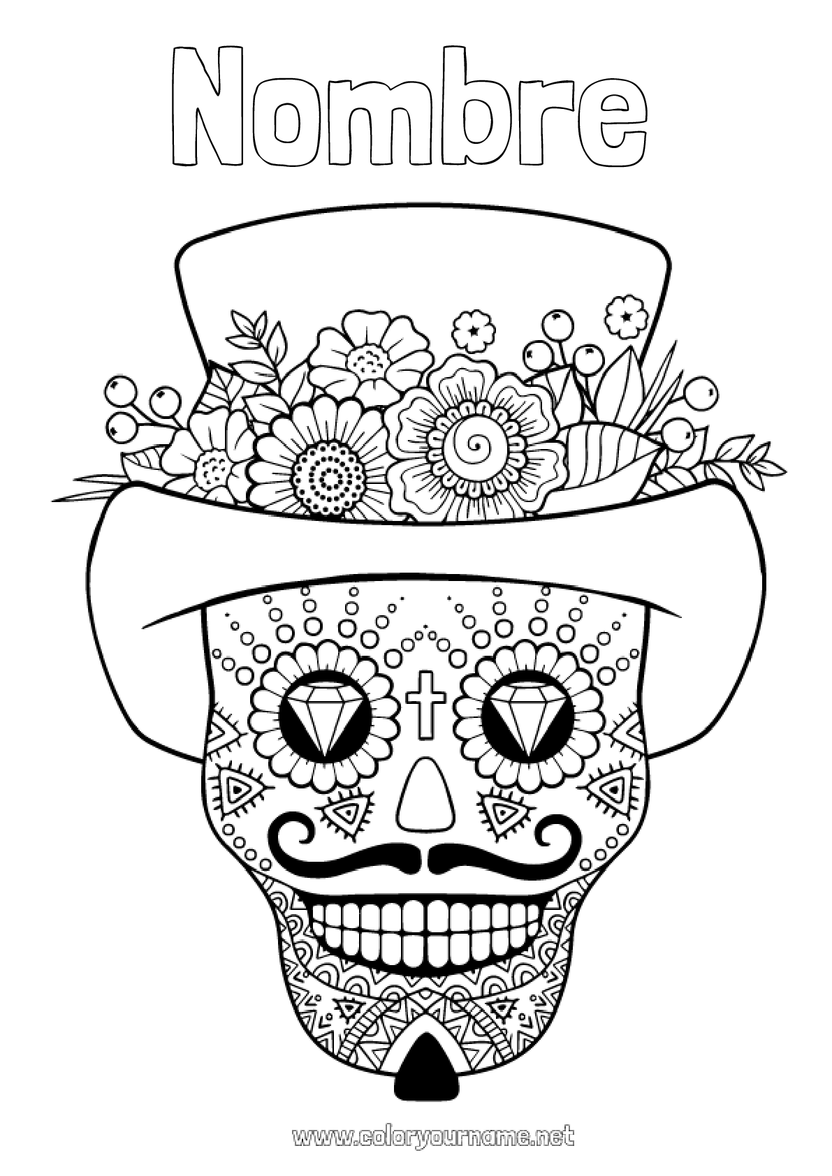 Nº de colorear 249 - Calavera Día de los Muertos Sombrero