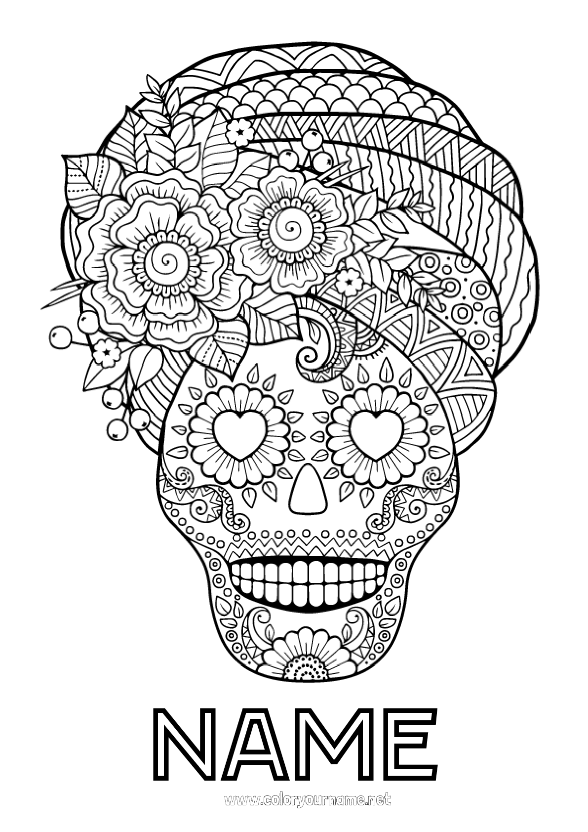 Coloring page No.251 - Flowers Skull Día de los Muertos