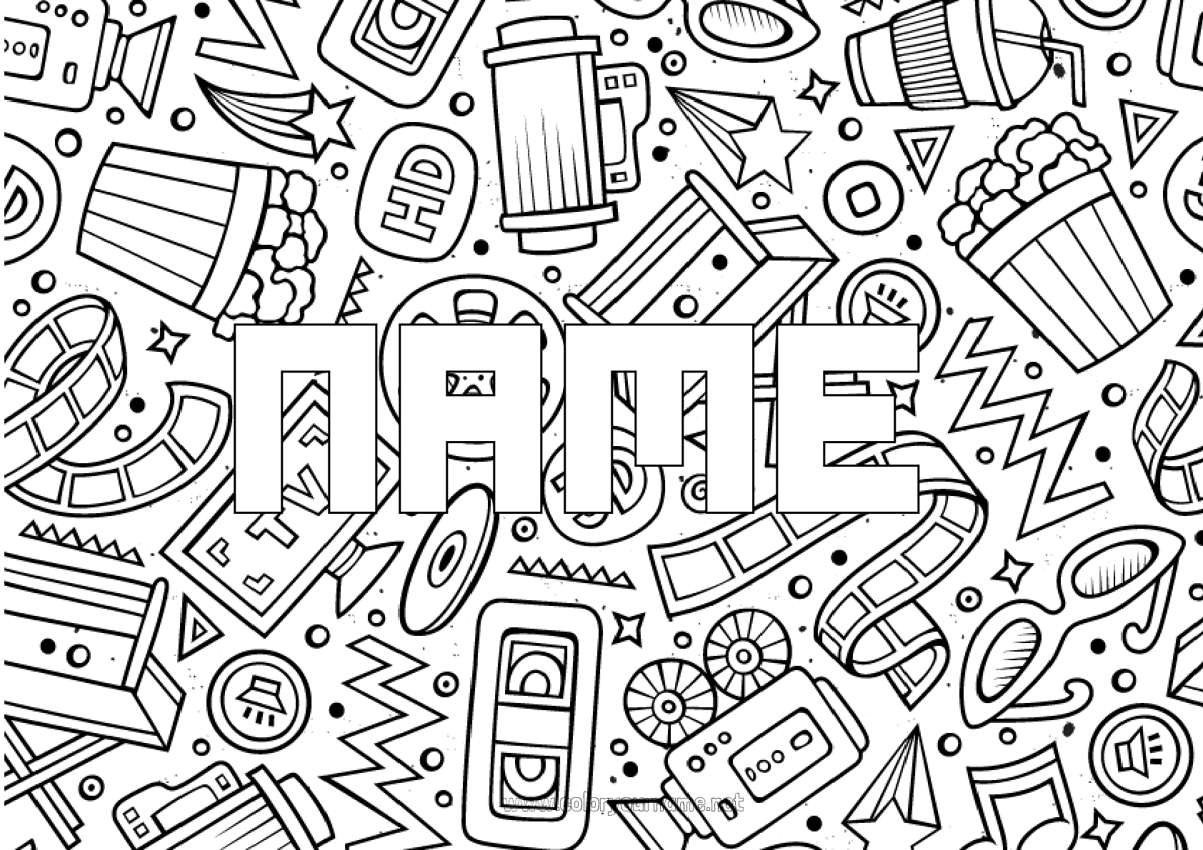 Coloring page No.2532 - Decorated name Movie theater Popcorn