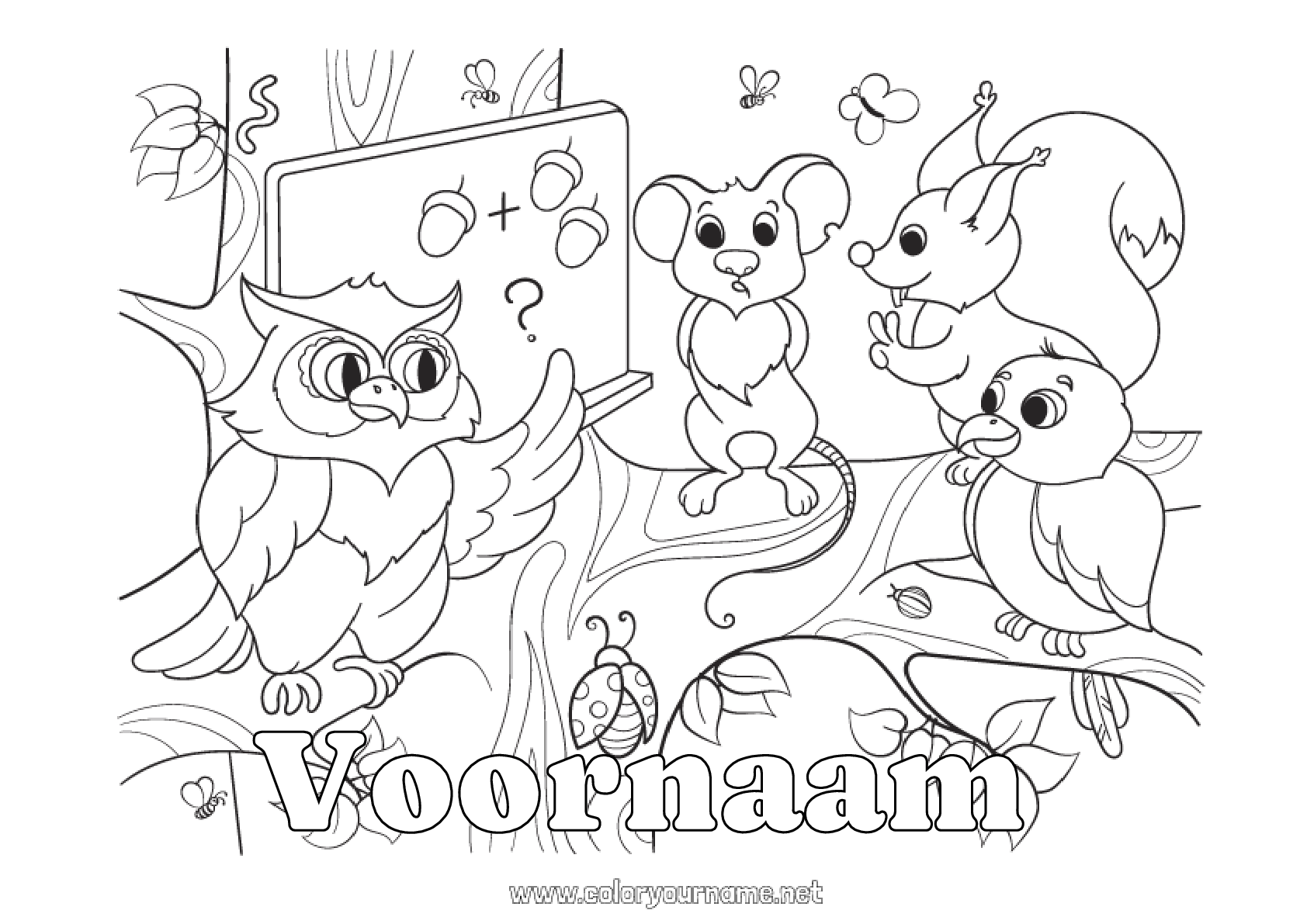 Kleurplaat nr.2647 - Eekhoorn Muis Uil, Kerkuil