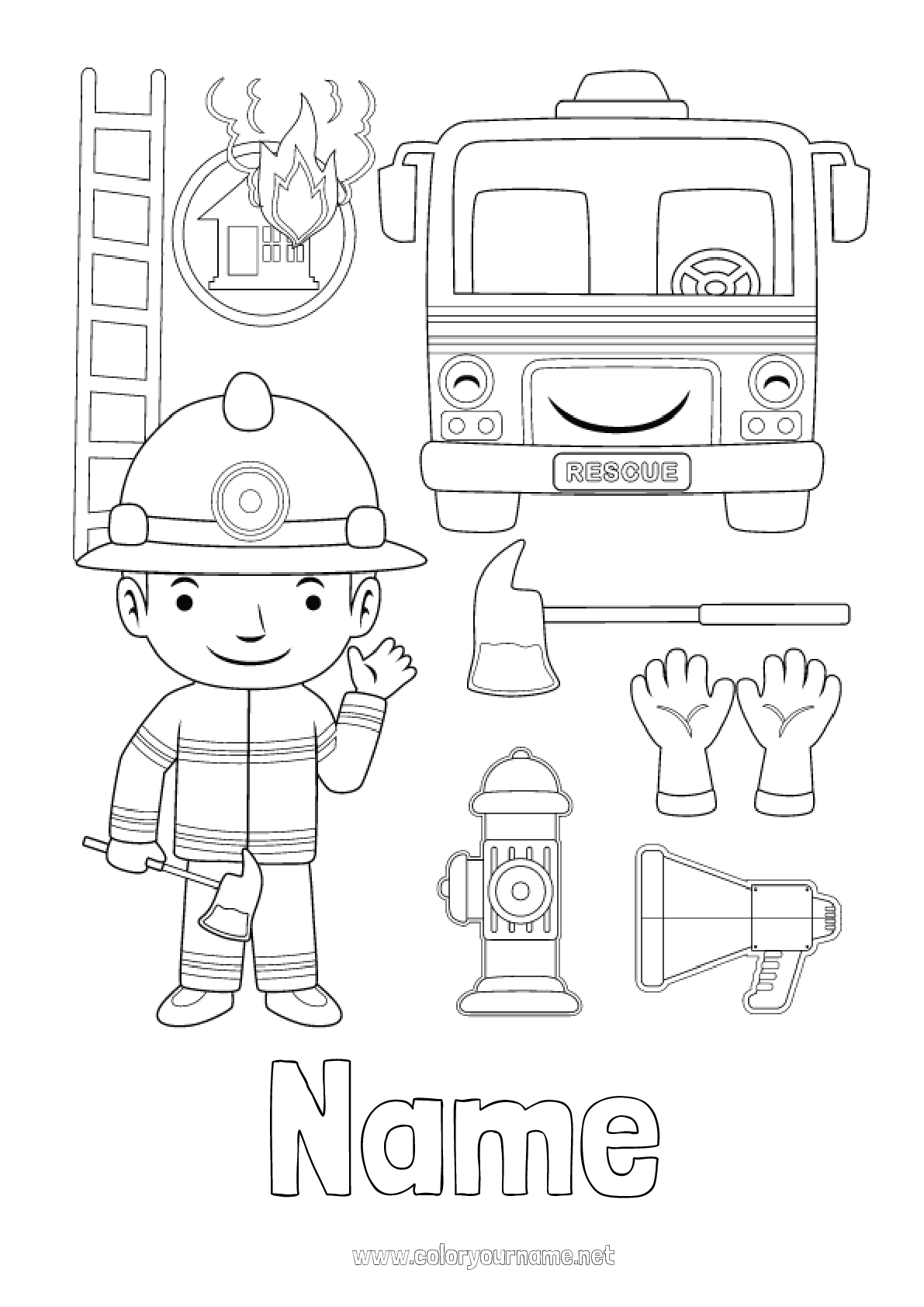 Coloring page No.2991 - Fireman firefighter Fire truck Rescue and ...