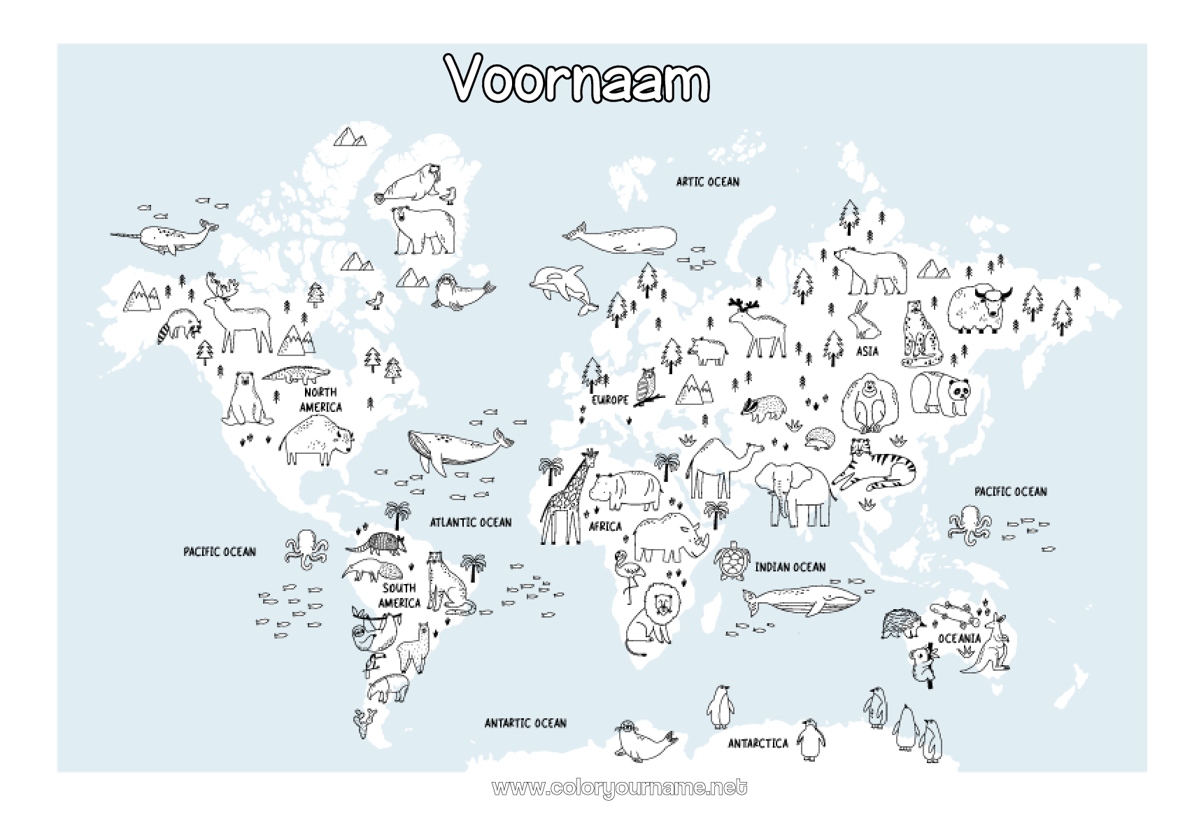 Kleurplaat nr.3257 - Dier Geografie Wereldkaart
