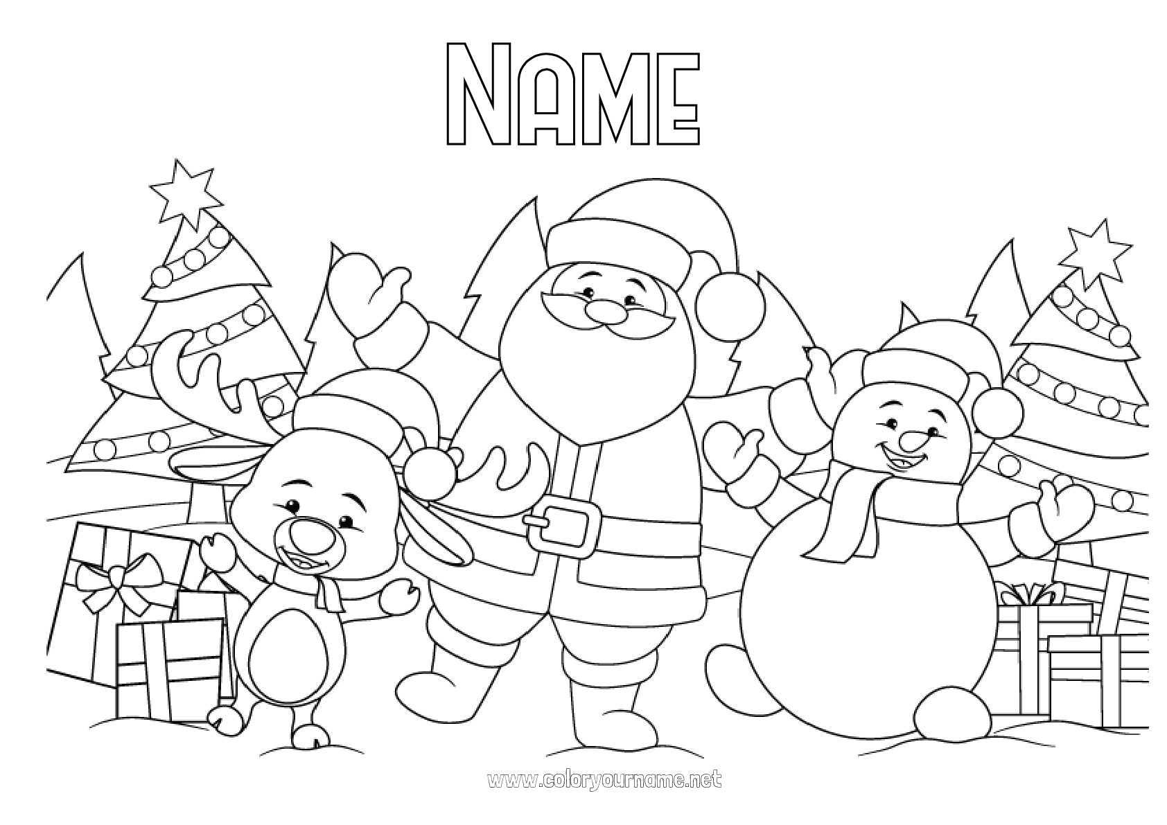 Coloring page No.3433 - Christmas tree Santa Claus Snowman