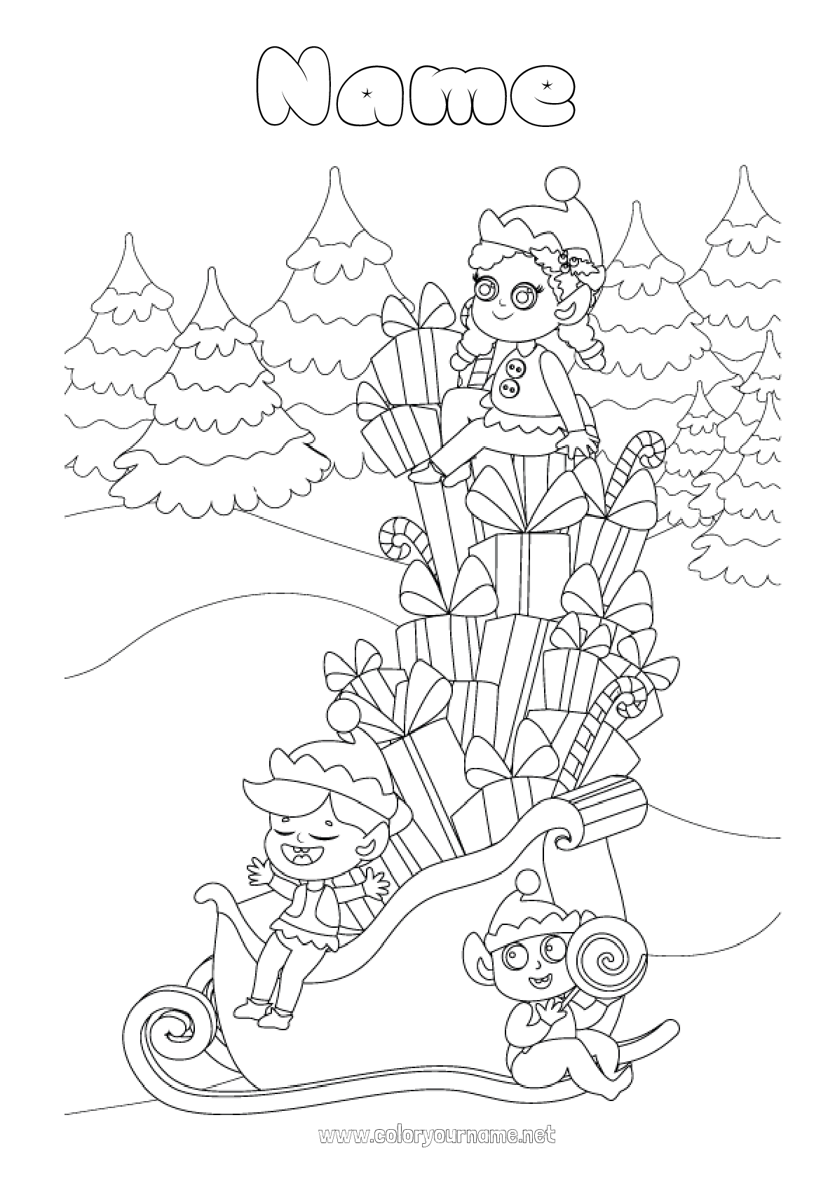 Coloring page No.3442 - Snow Sleigh Christmas elves