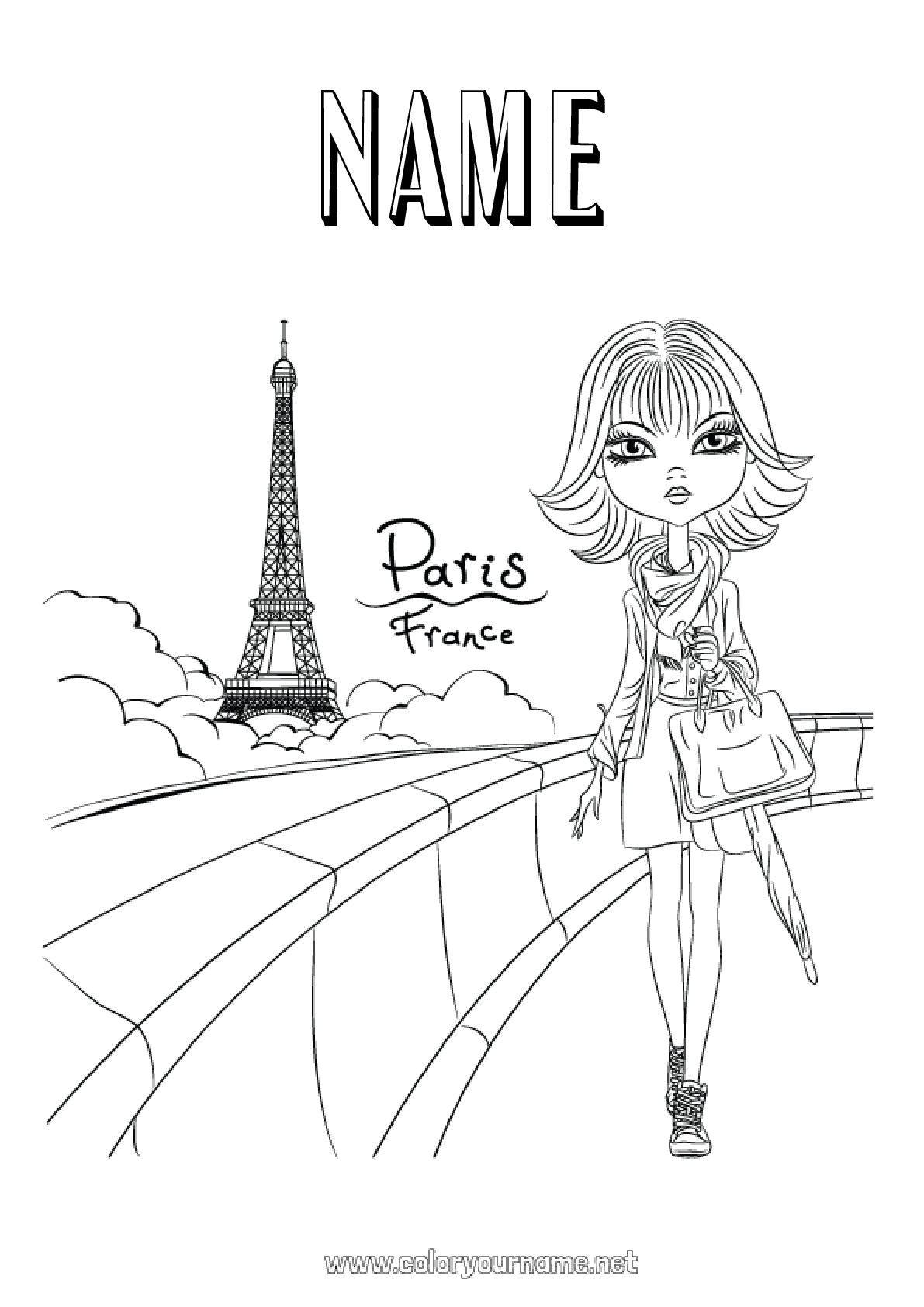 Coloring page No.3518 - Girl France Eiffel Tower