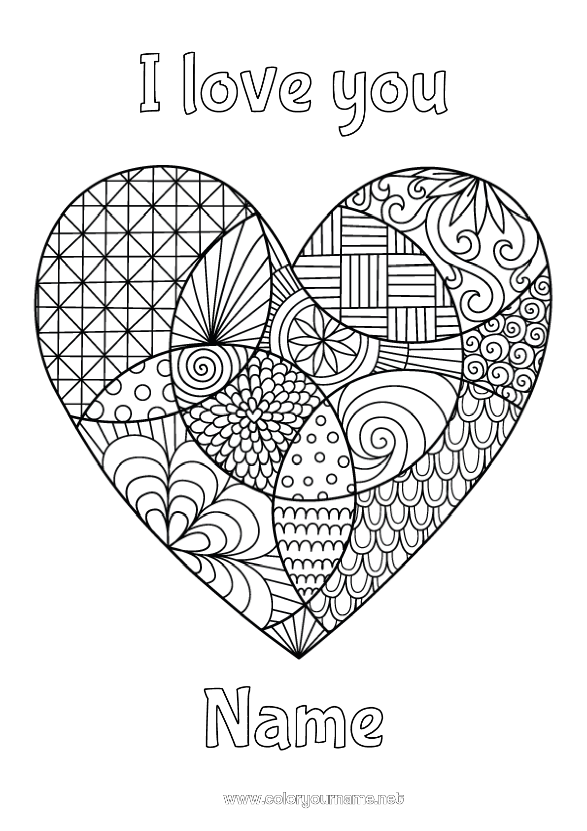 Coloring page No.3801 - Heart Big heart "I love you" (English) Message