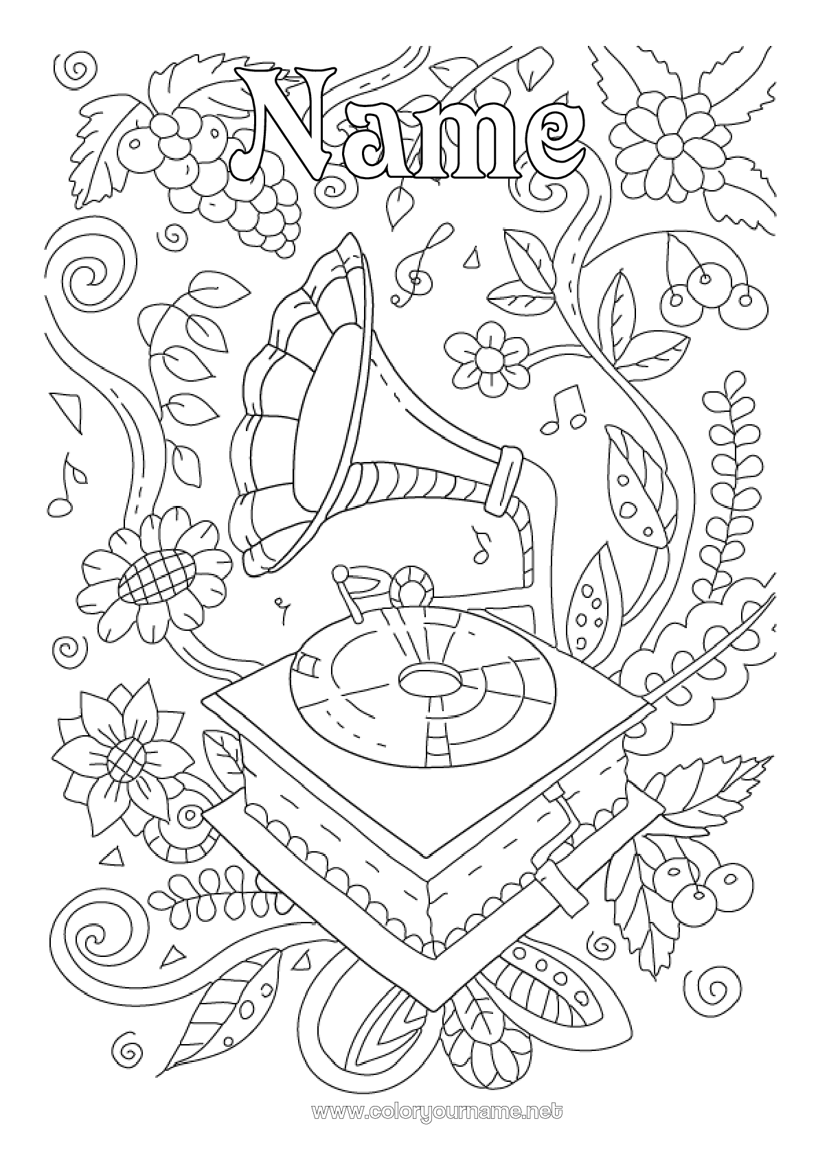 Coloring page No.4241 - Flowers Music Fruits