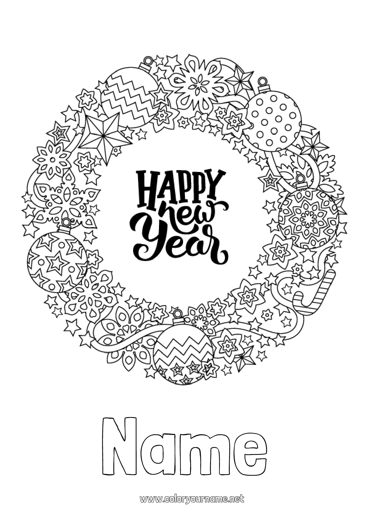 Coloring page No.455 - Happy new year Christmas wreath "Happy New Year ...