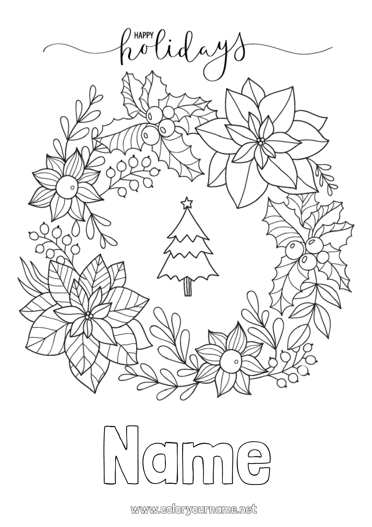 Coloring page No.479 - Christmas tree Christmas wreath Holly