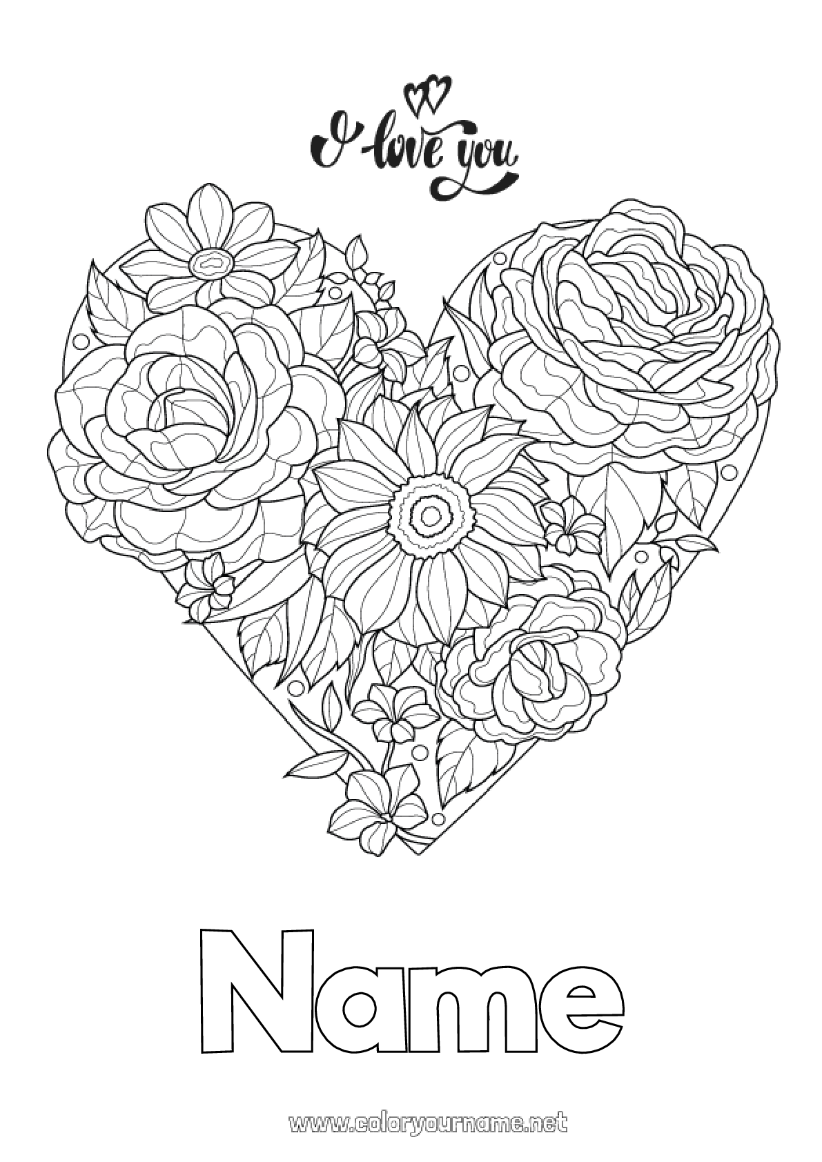 Coloring page No.953 - Flowers Heart I love you