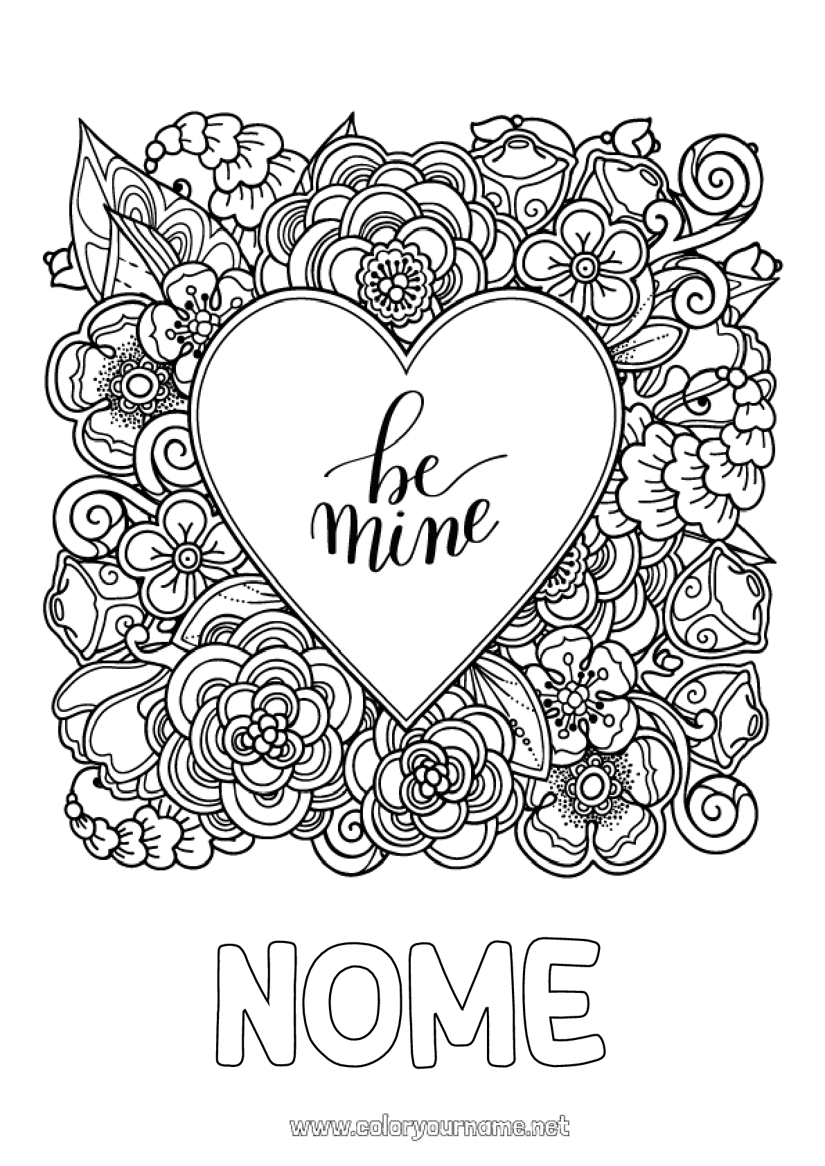 Nº de colorir 958 - Flores Coração Eu te amo