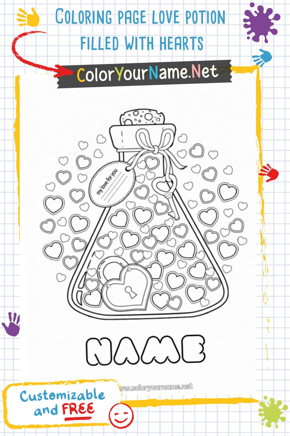 Coloring page love potion filled with hearts