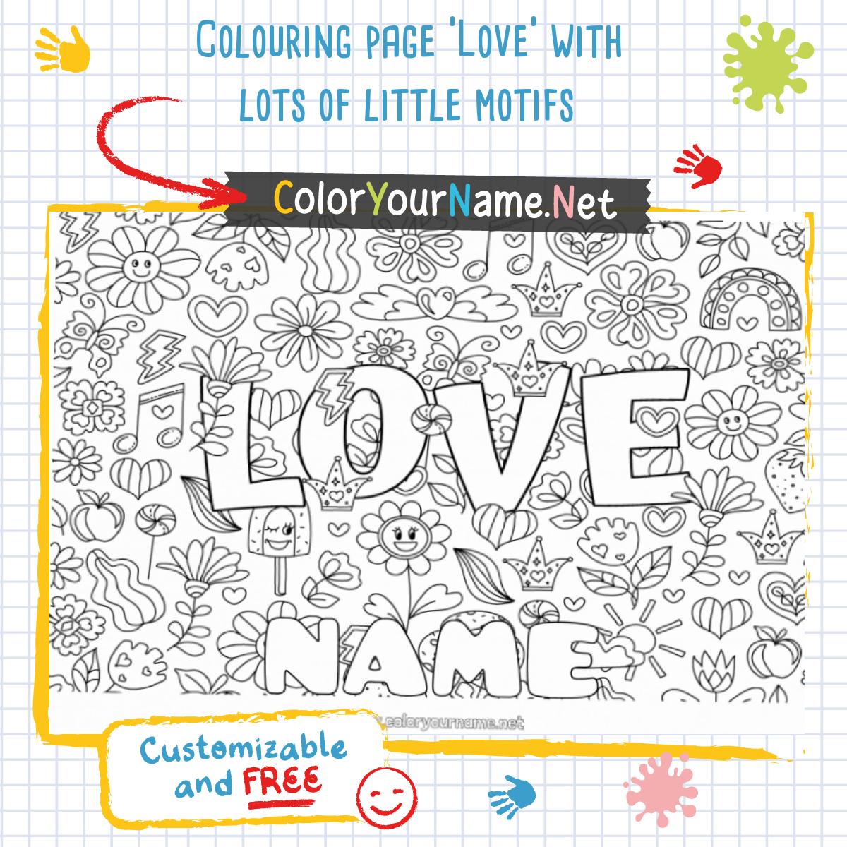 Colouring page 'Love' with lots of little motifs