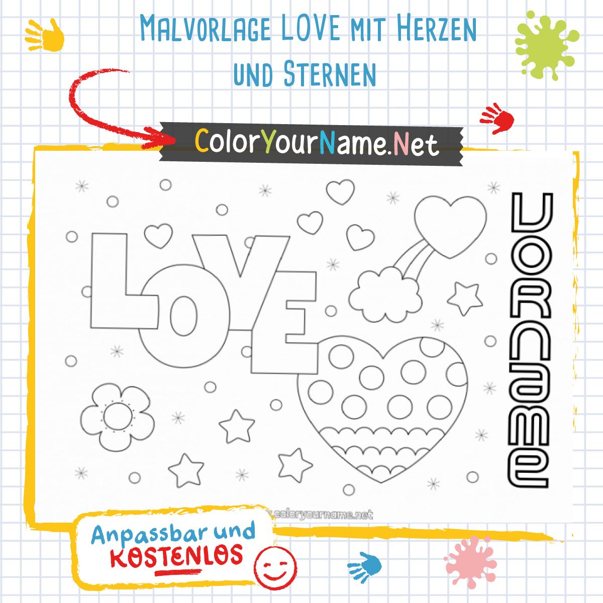 Malvorlage LOVE mit Herzen und Sternen