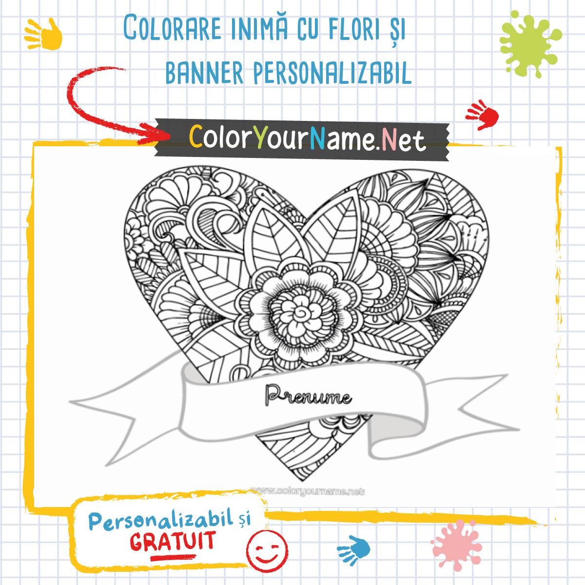 Colorare inimă cu flori și banner personalizabil