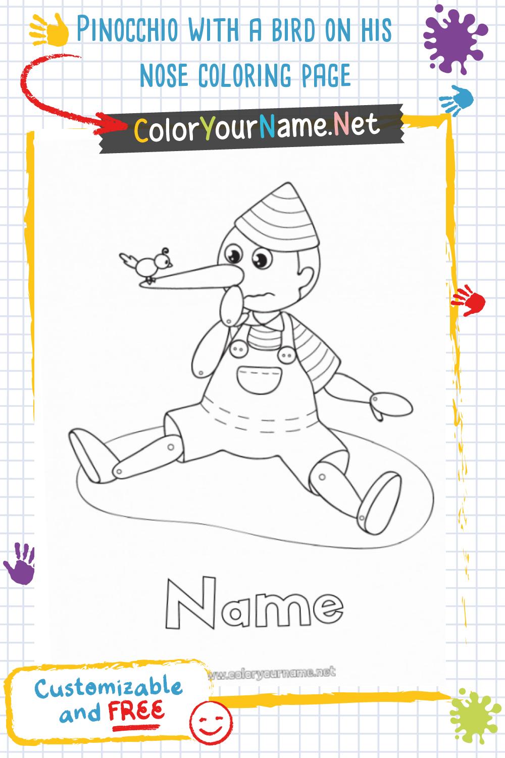 Pinocchio with a bird on his nose coloring page