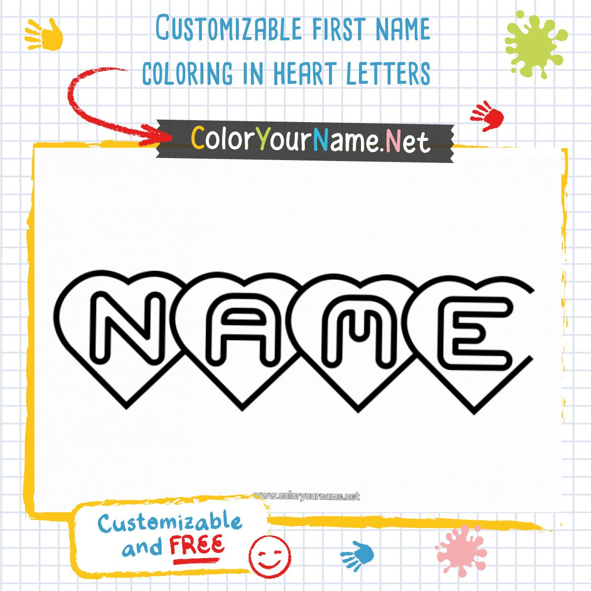 Customizable first name coloring in heart letters