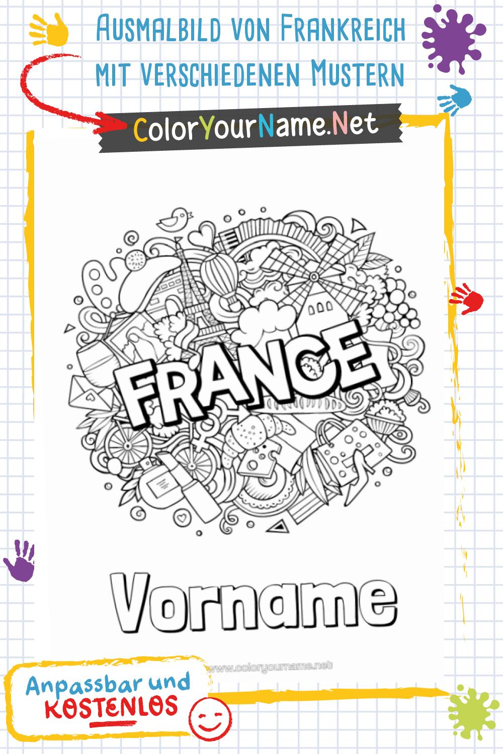 Ausmalbild von Frankreich mit verschiedenen Mustern
