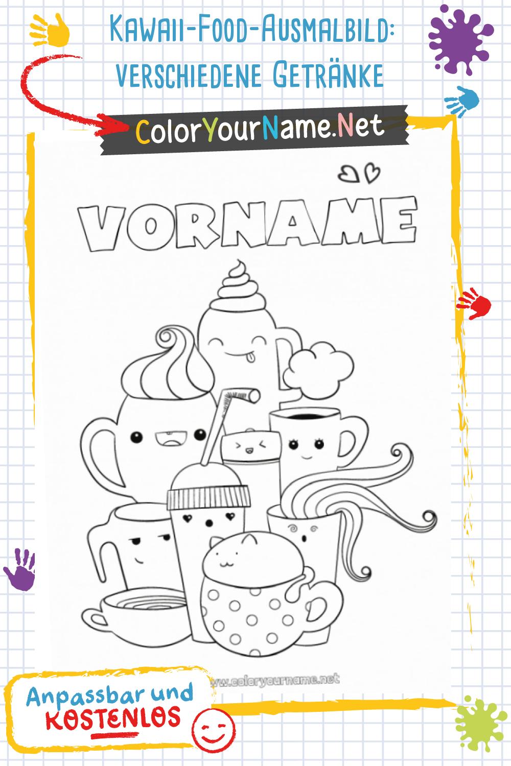 Kawaii-Food-Ausmalbild: verschiedene Getränke