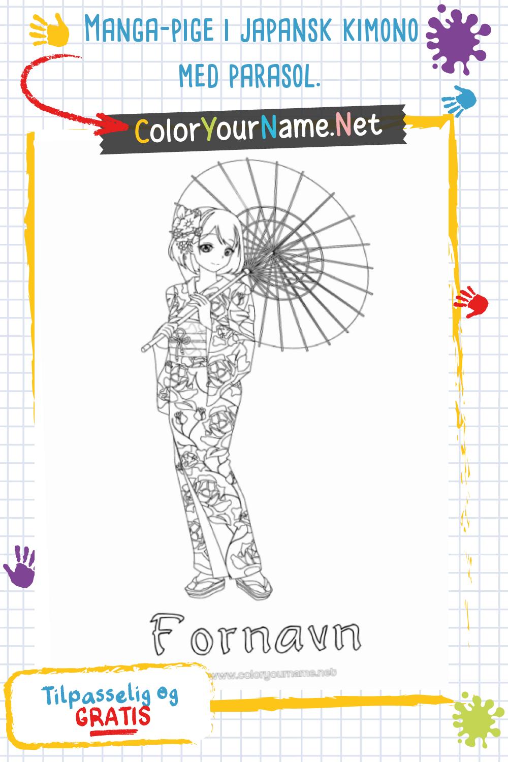 Manga-pige i japansk kimono med parasol.