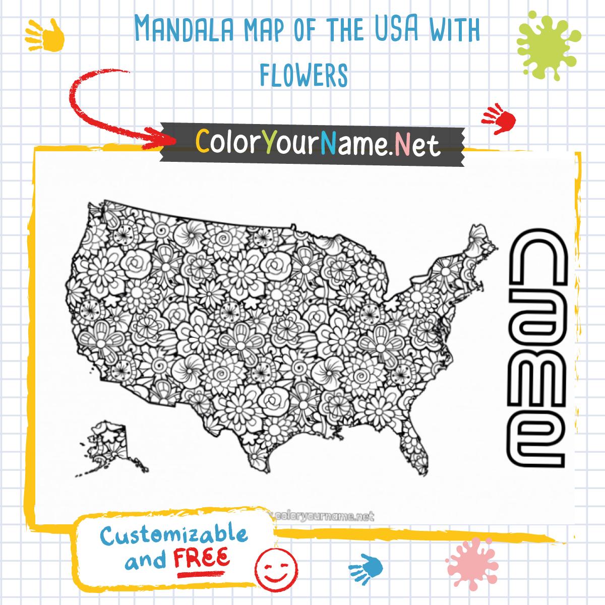 Mandala map of the USA with flowers