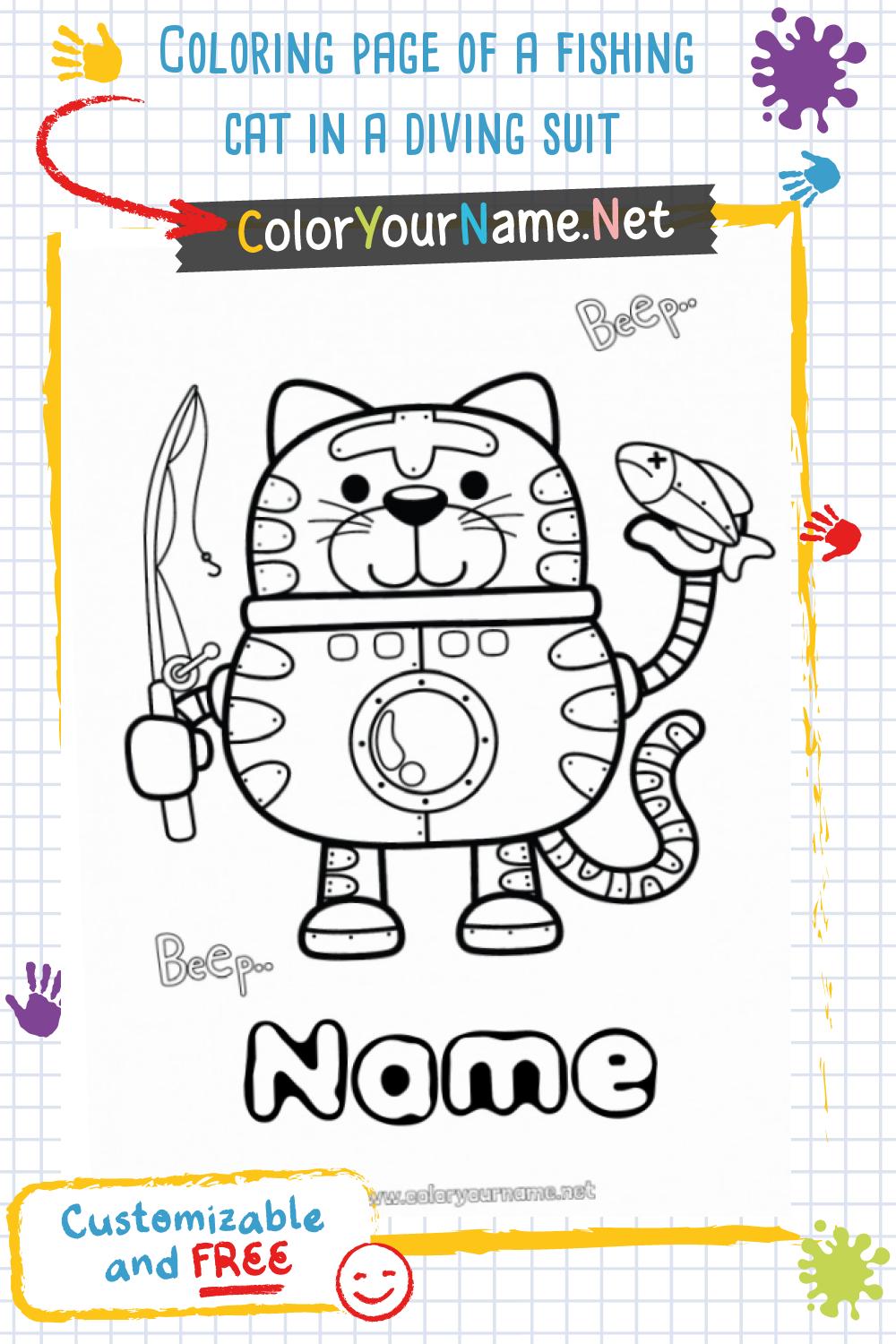 Coloring page of a fishing cat in a diving suit