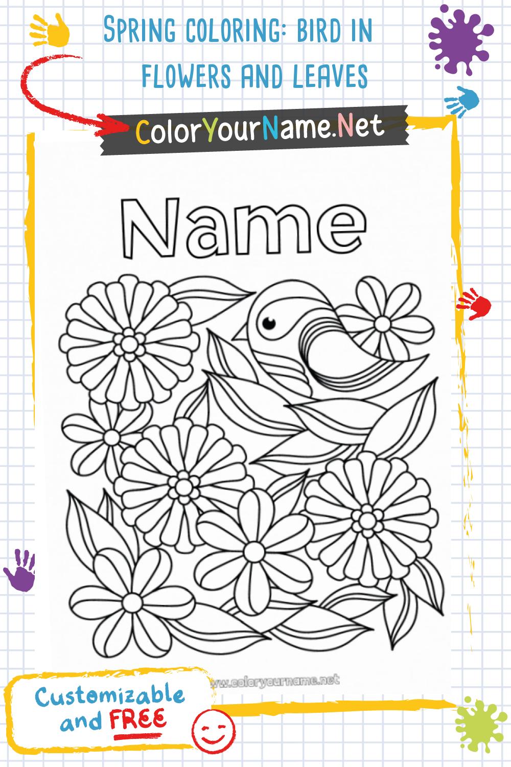 Spring coloring: bird in flowers and leaves