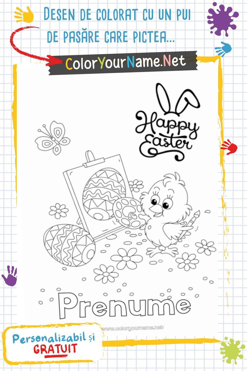 Desen de colorat cu un pui de pasăre care pictează ouă de Paște.