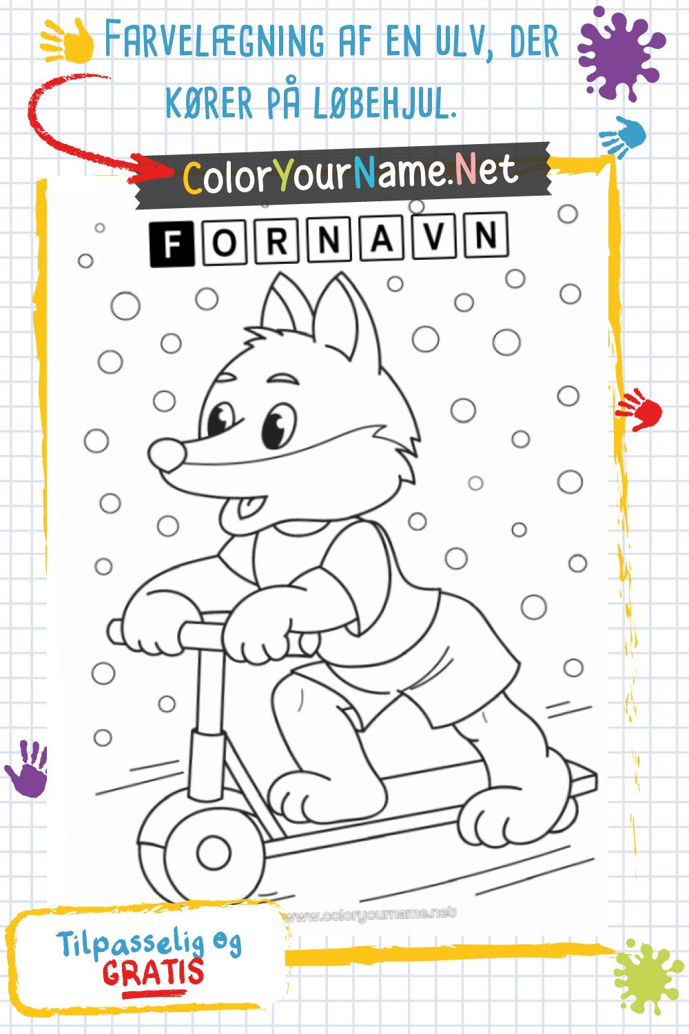 Farvelægning af en ulv, der kører på løbehjul.