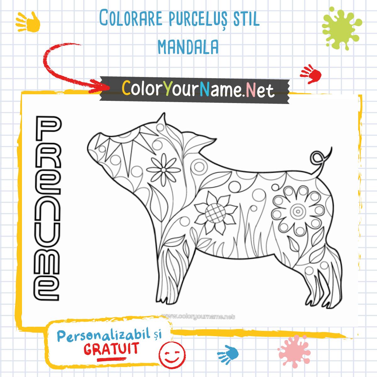 Colorare purceluș stil mandala