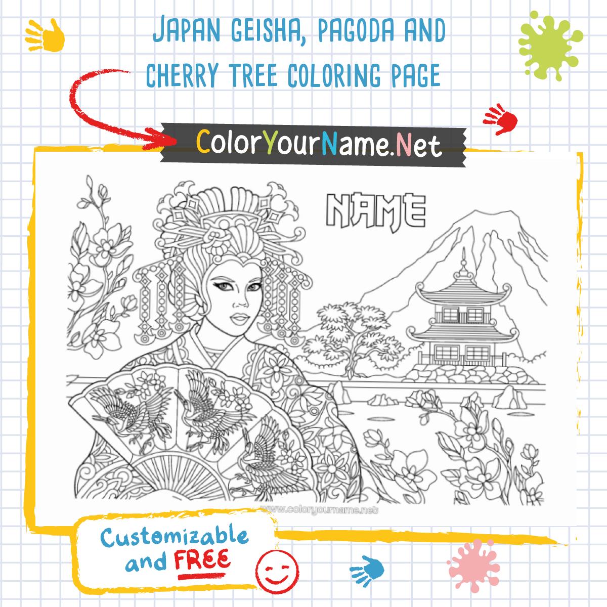 Japan geisha, pagoda and cherry tree coloring page