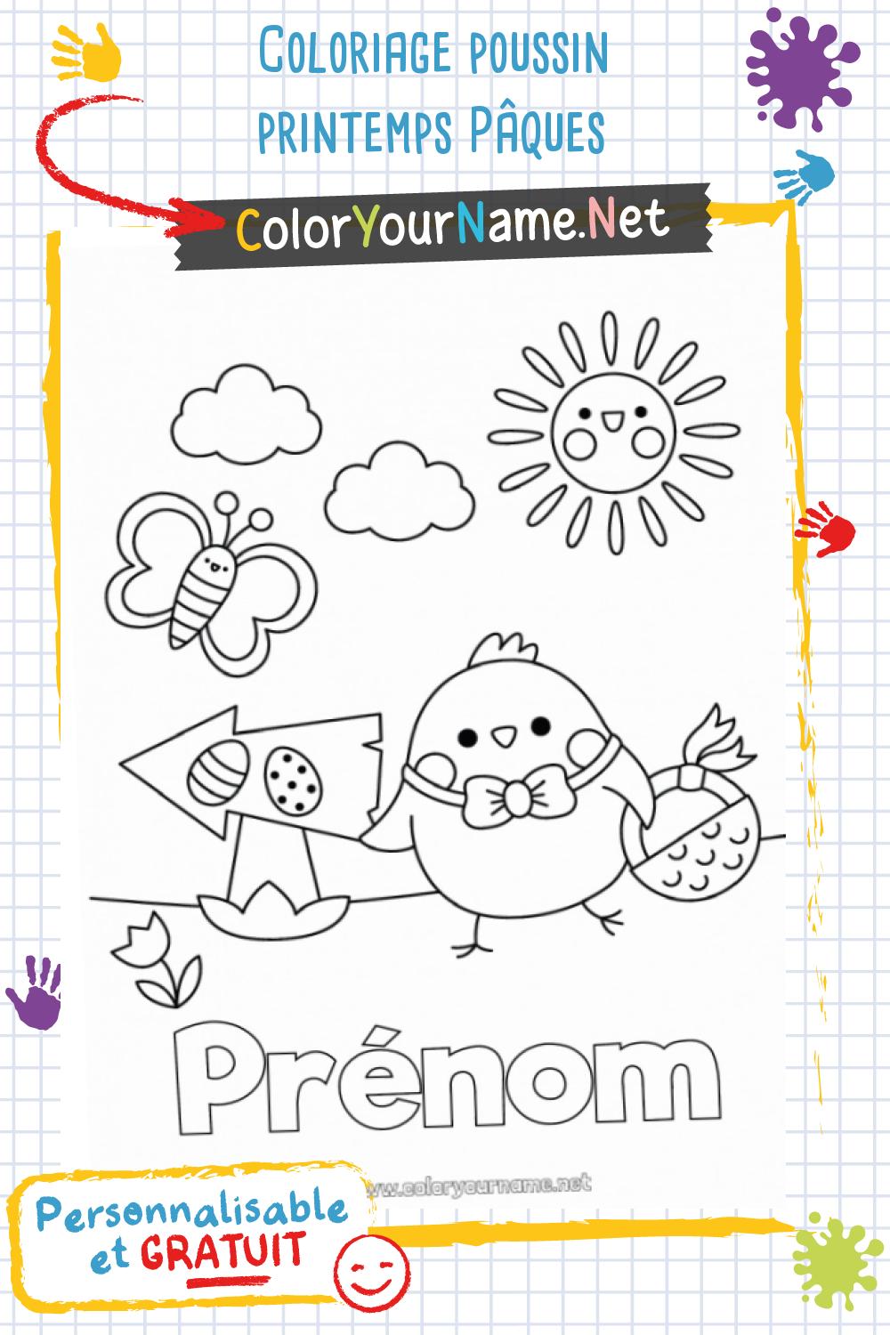 Coloriage poussin printemps Pâques