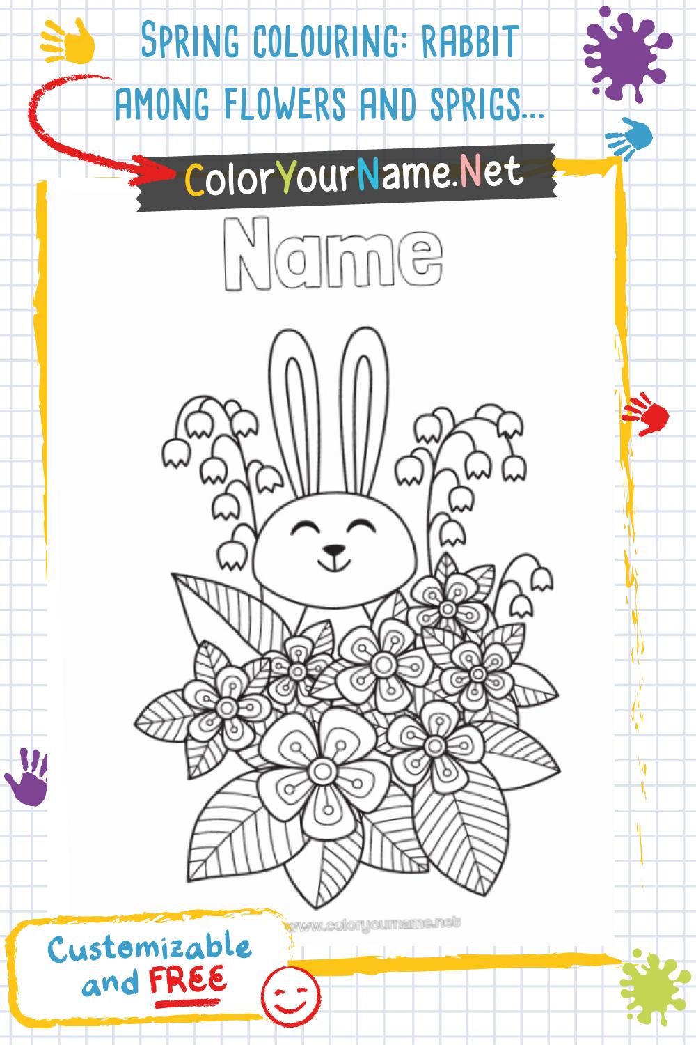 Spring colouring: rabbit among flowers and sprigs of lily of the valley