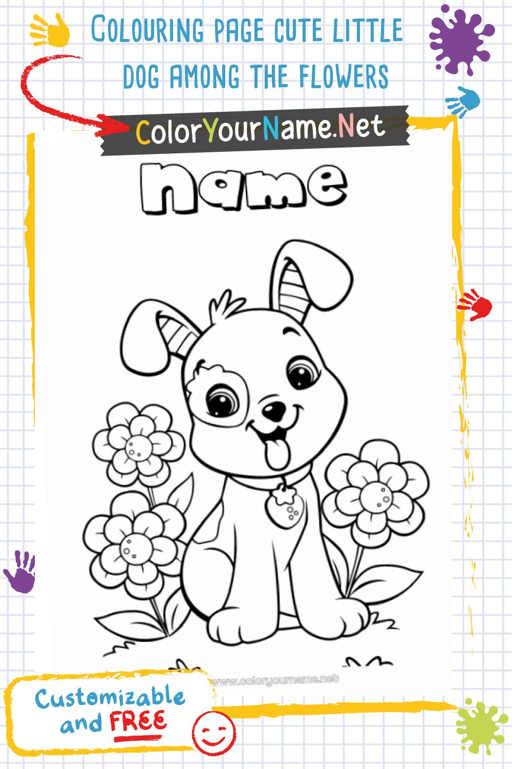 Colouring page cute little dog among the flowers