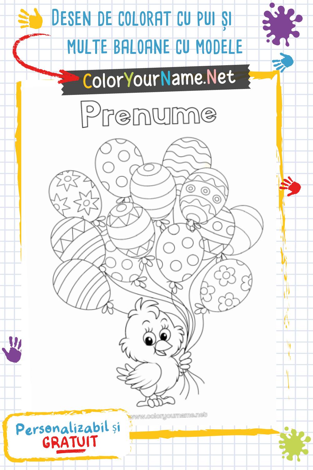 Desen de colorat cu pui și multe baloane cu modele