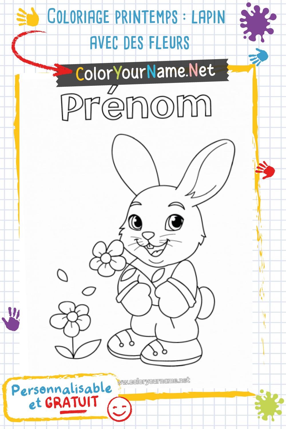 Coloriage printemps : lapin avec des fleurs