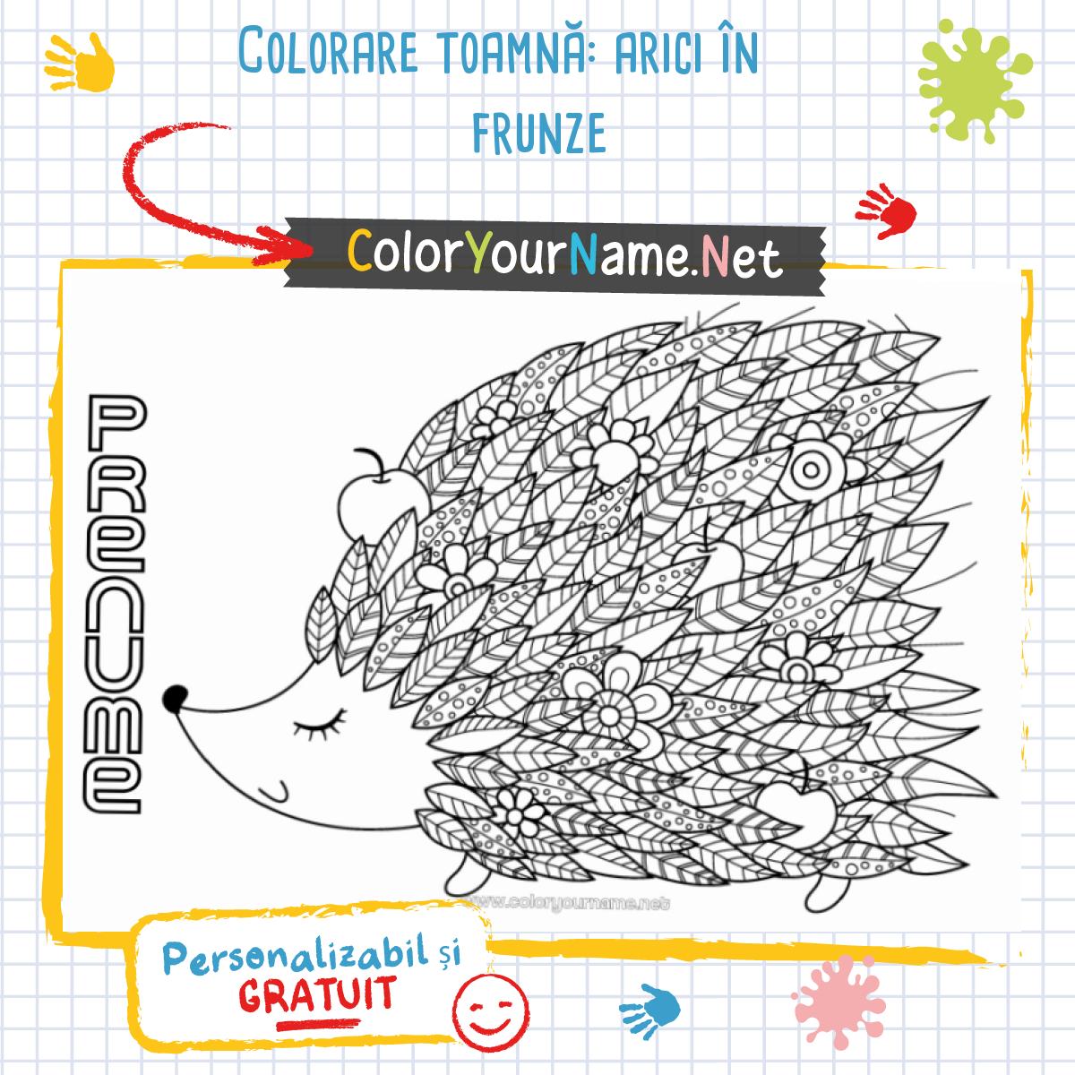 Colorare toamnă: arici în frunze