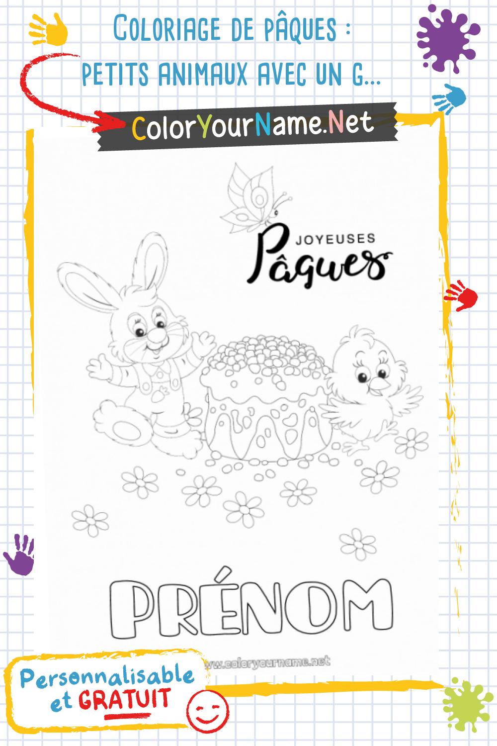 Coloriage de pâques : petits animaux avec un gros gâteau