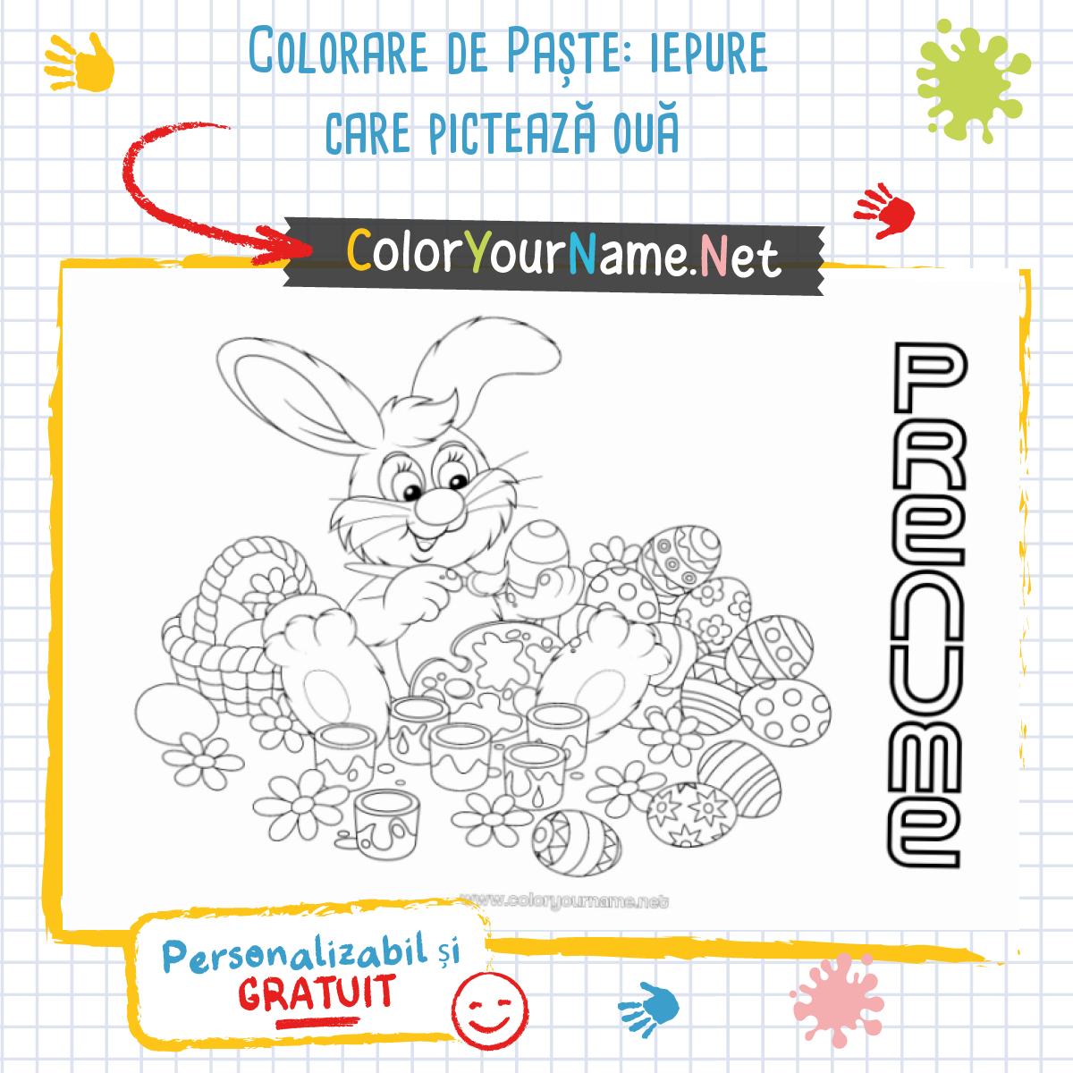 Colorare de Paște: iepure care pictează ouă