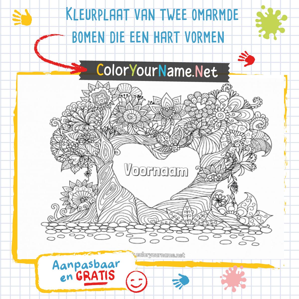Kleurplaat van twee omarmde bomen die een hart vormen