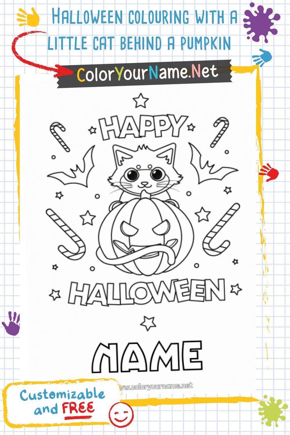 Halloween colouring with a little cat behind a pumpkin