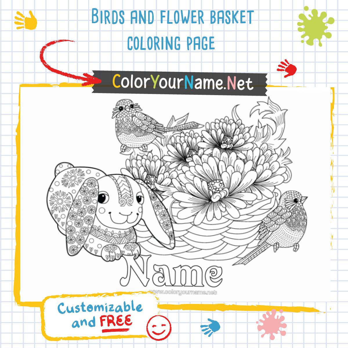 Birds and flower basket coloring page