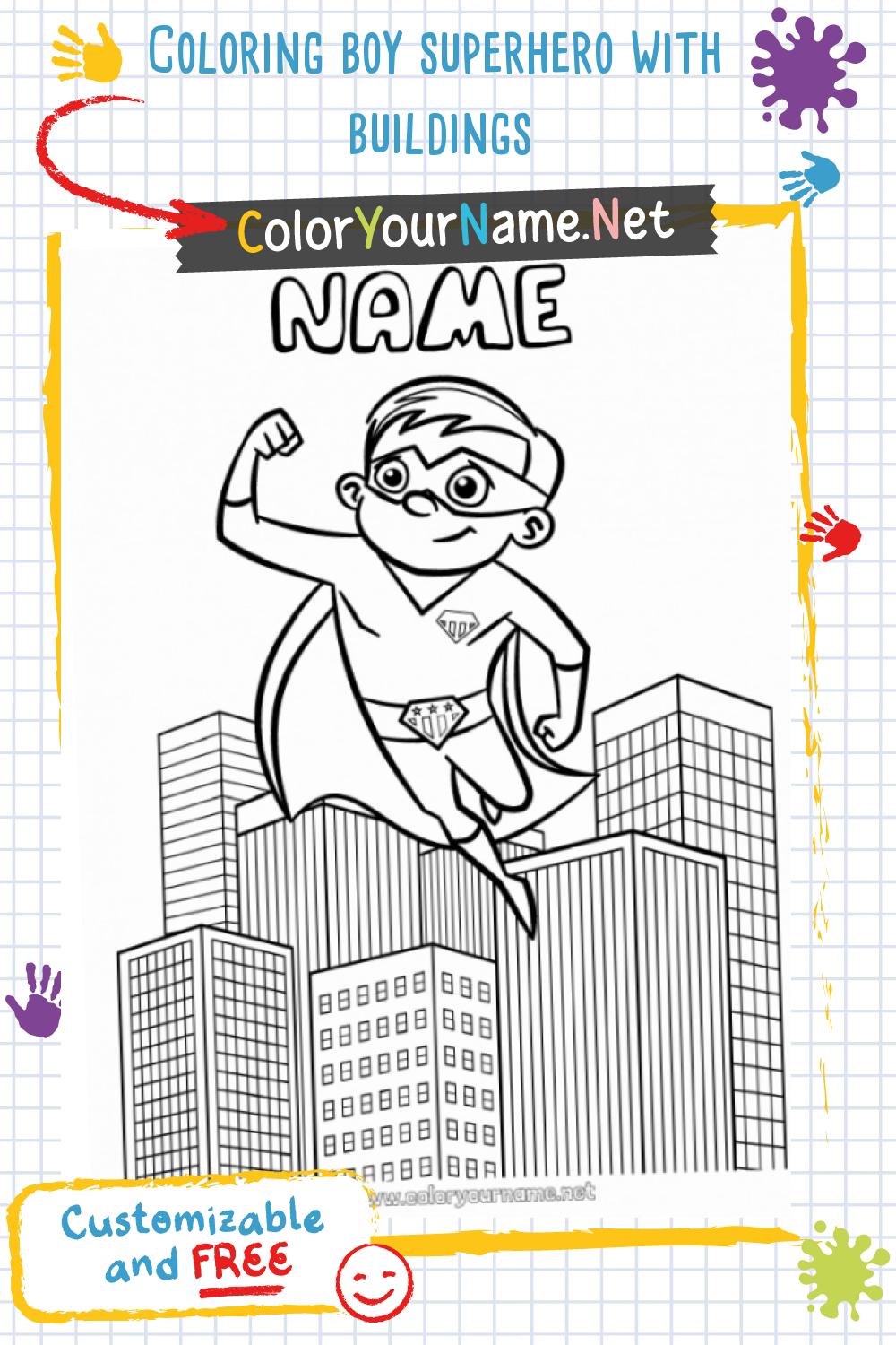 Coloring boy superhero with buildings