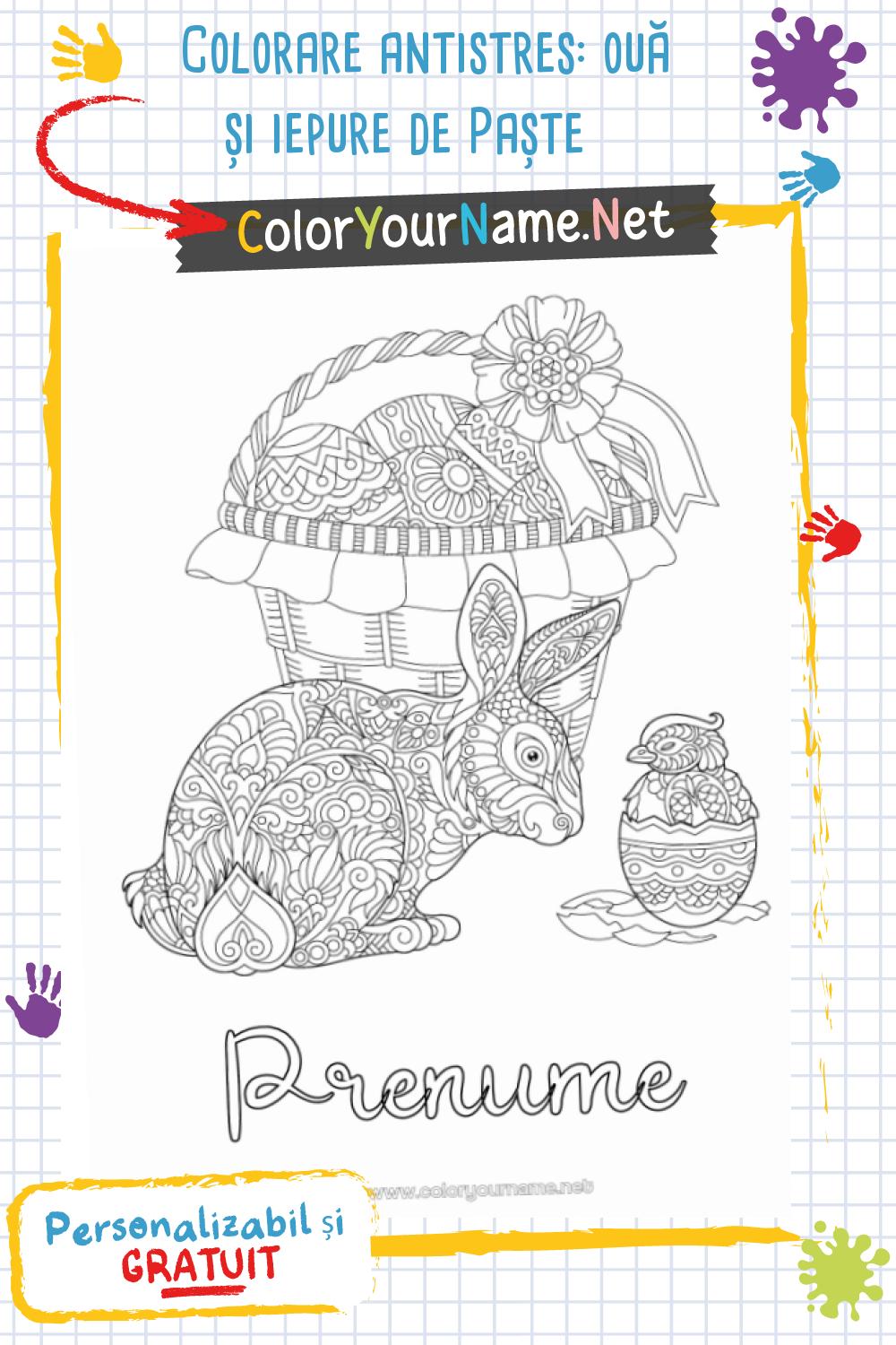 Colorare antistres: ouă și iepure de Paște