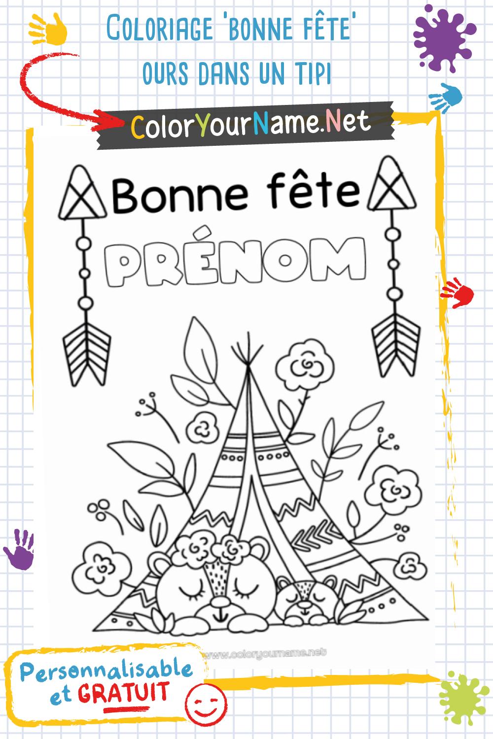 Coloriage 'bonne fête' ours dans un tipi