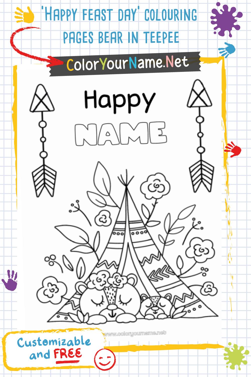 'Happy feast day' colouring pages bear in teepee